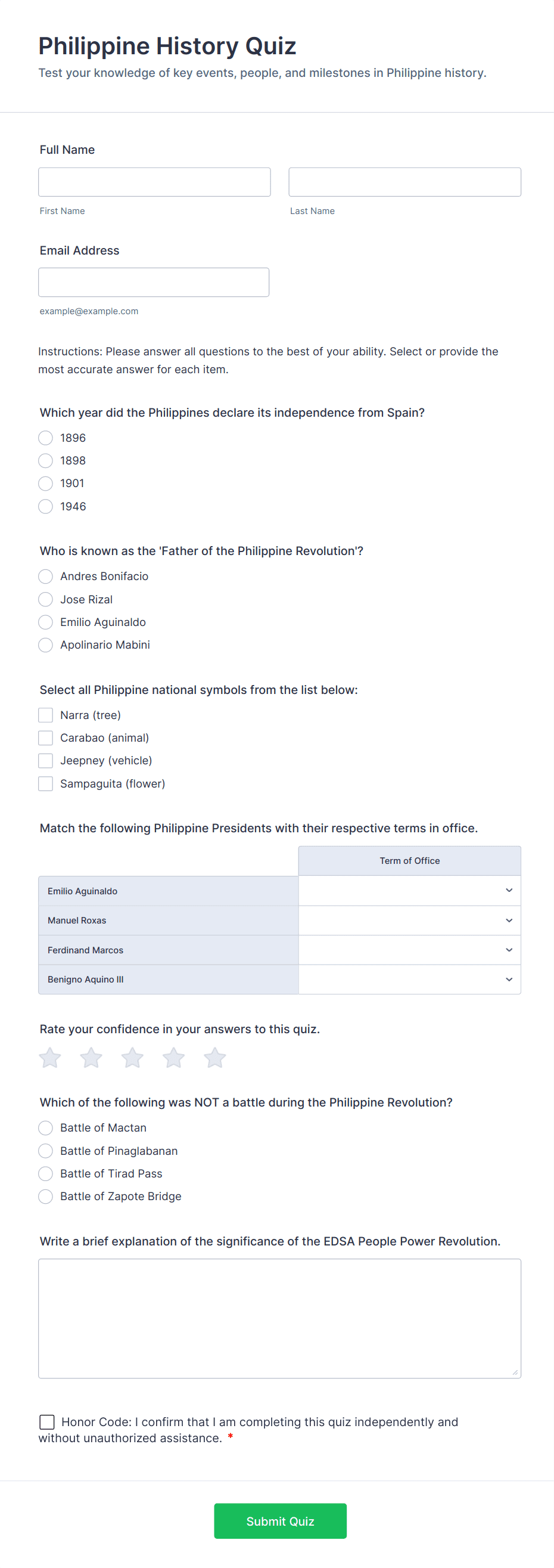 Philippine History Quiz Form Template | Jotform