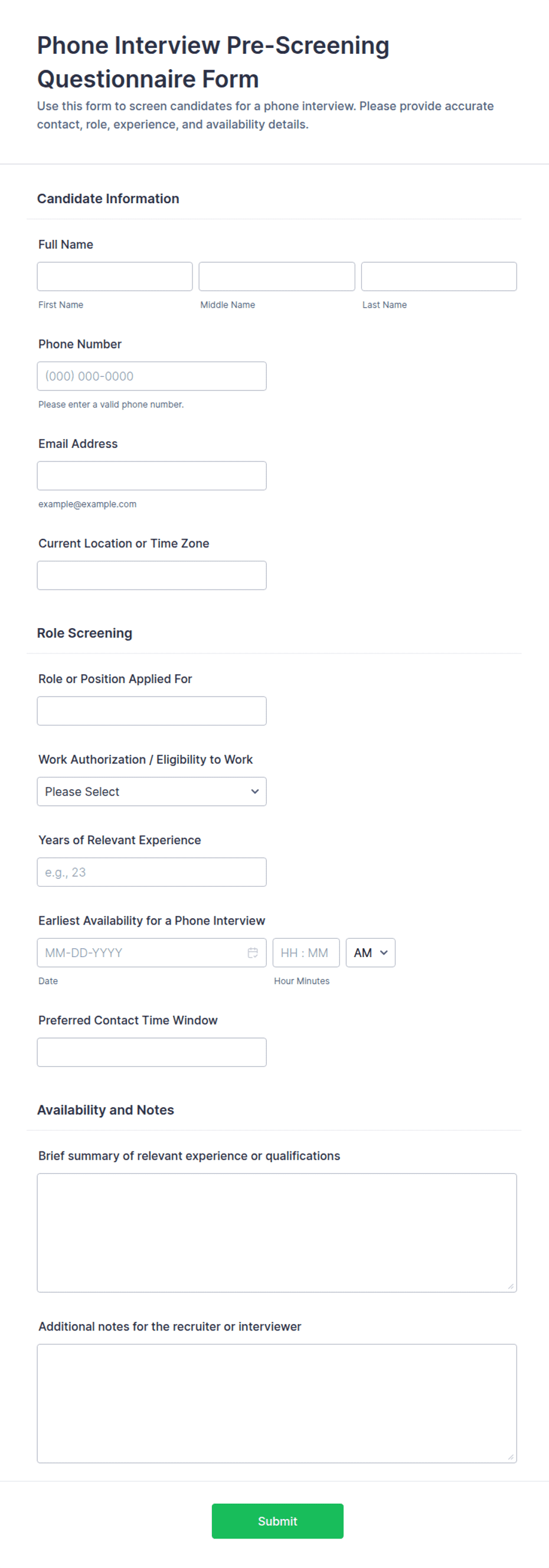Phone Interview Pre-Screening Questionnaire Form Template | Jotform