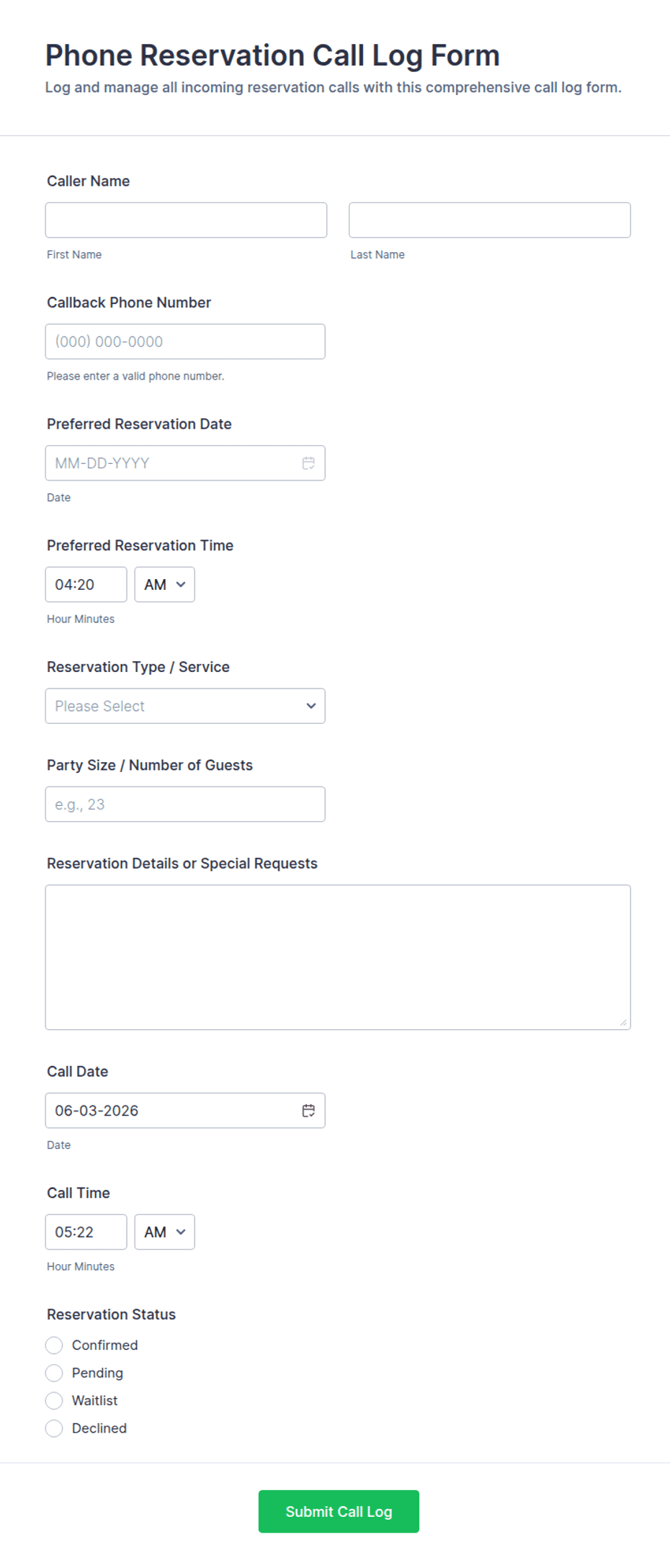 Phone Reservation Call Log Form Template | Jotform