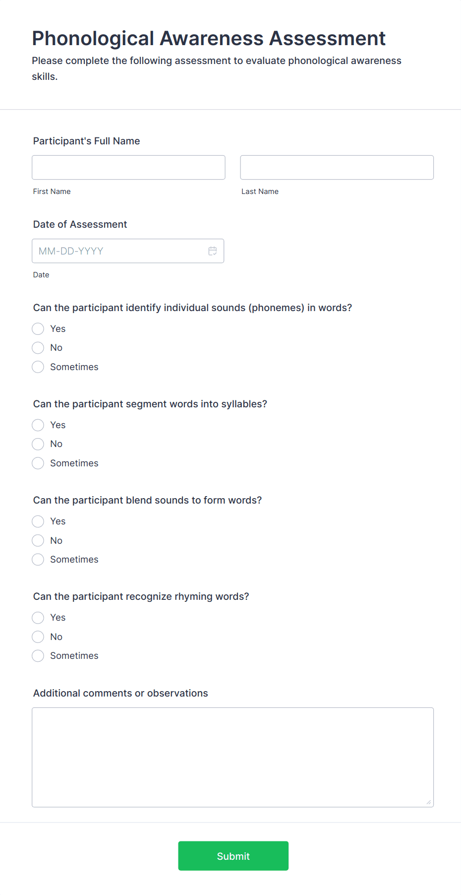 Phonological Awareness Assessment Form Template | Jotform