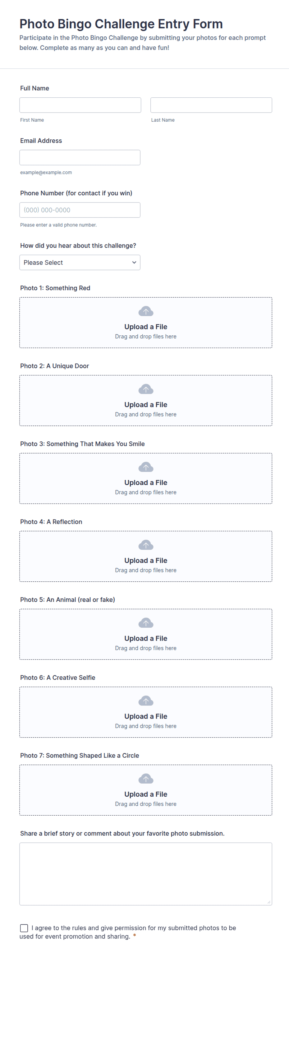 Photo Bingo Challenge Entry Form Template | Jotform