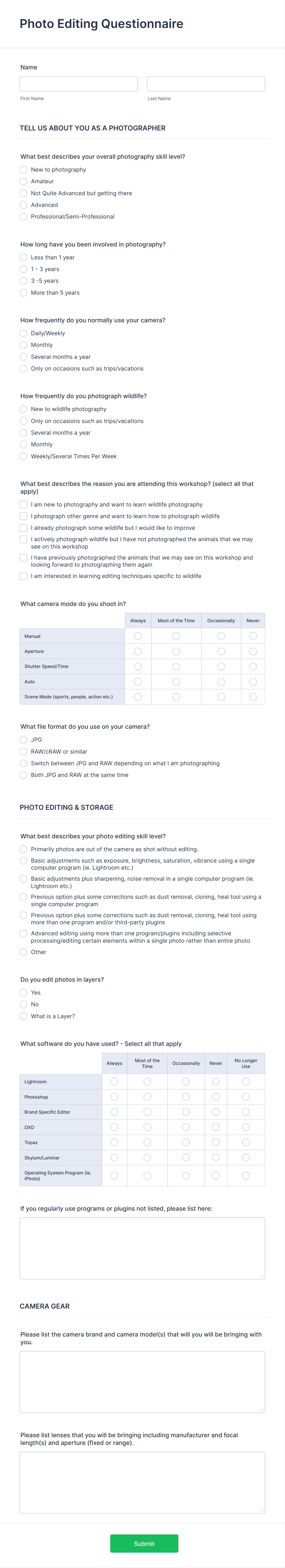 Photo Editing Questionnaire Form Template | Jotform