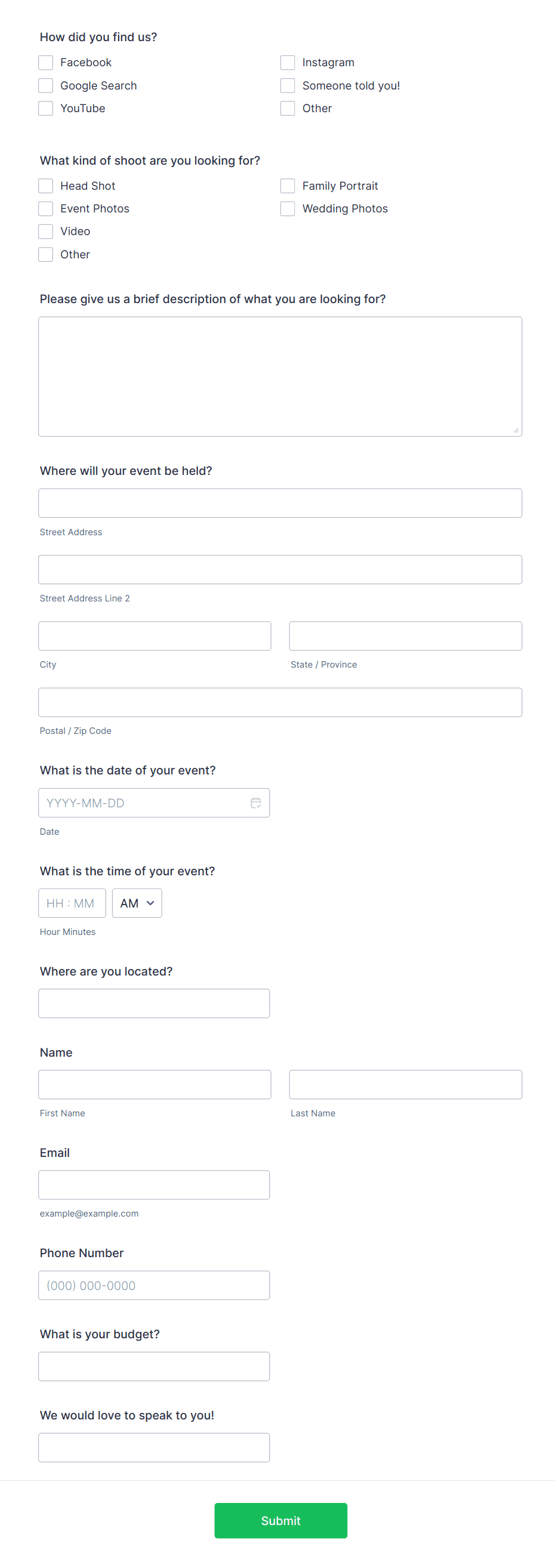 Photo Shoot Questionnaire Form Template | Jotform