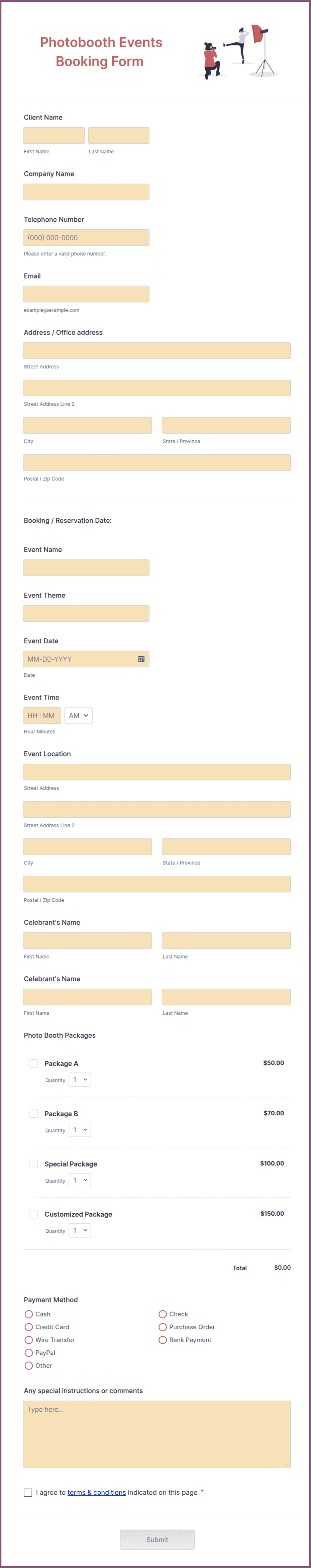 Photobooth Events Booking Form Form Template | Jotform