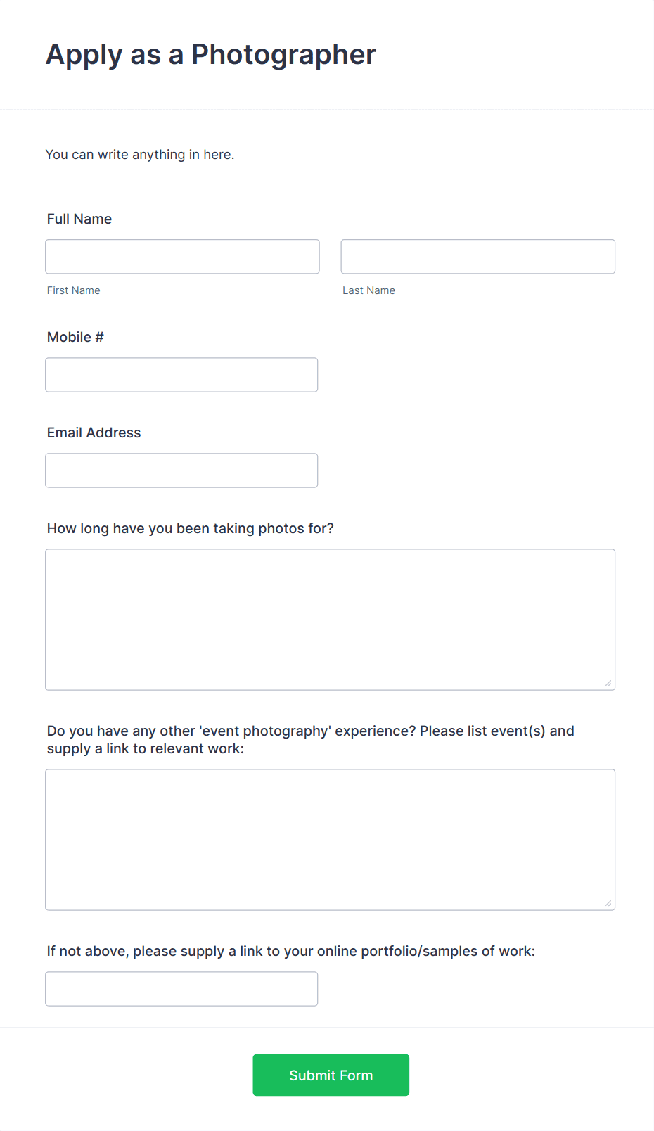 Photographer Application Form Template | Jotform