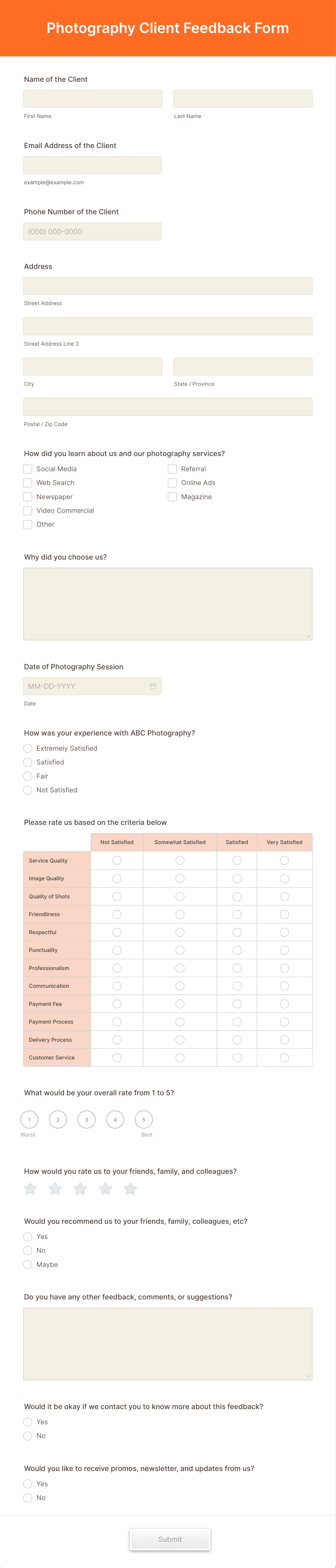 Photography Client Feedback Form Template | Jotform