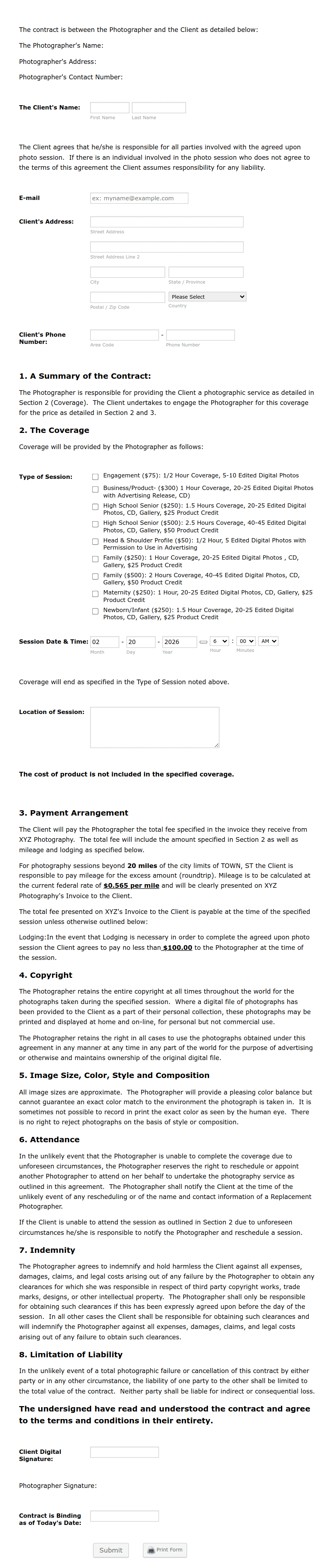 Photography Contract Form Template | Jotform