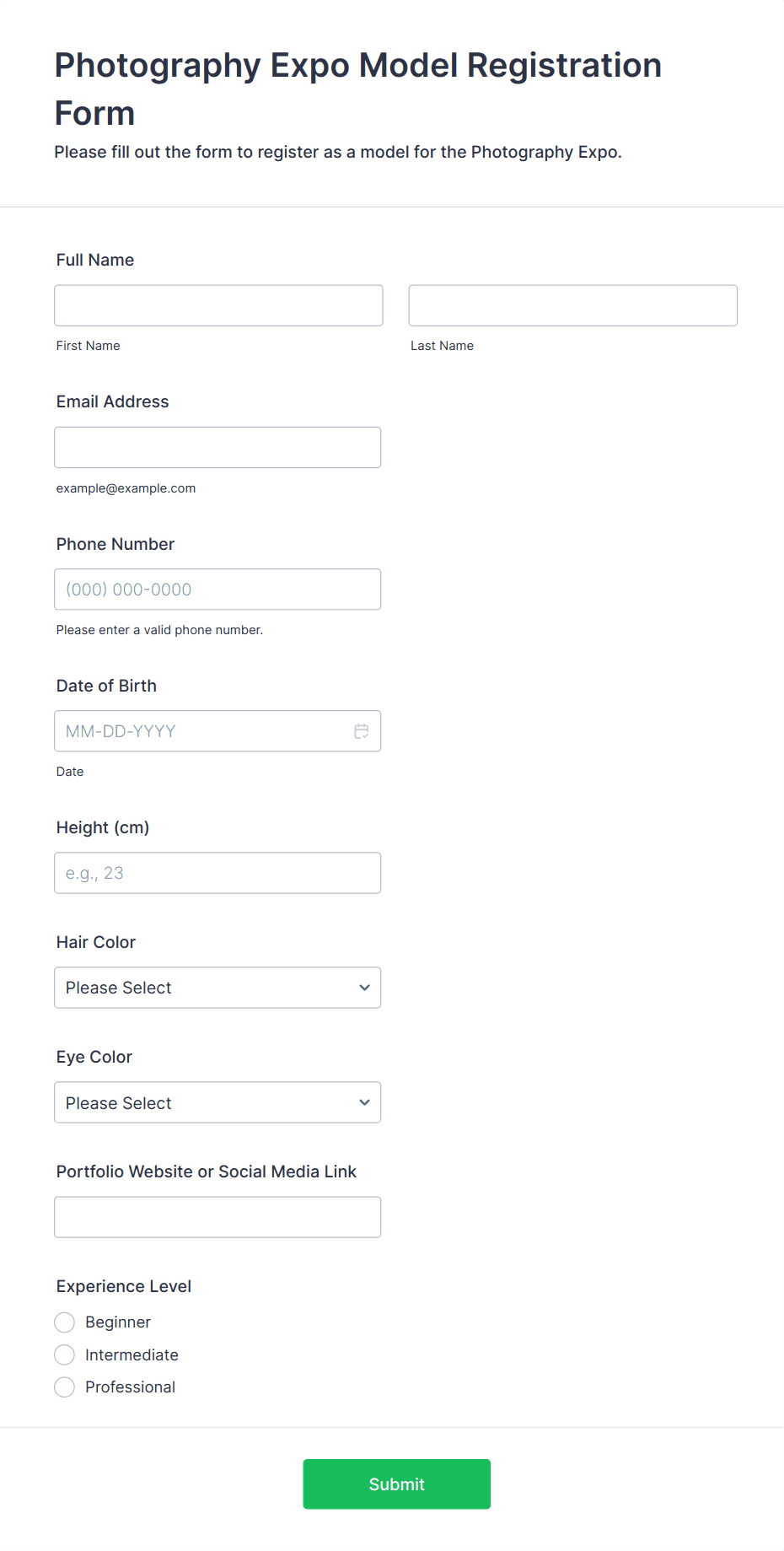 Photography Expo Model Registration Form Template | Jotform