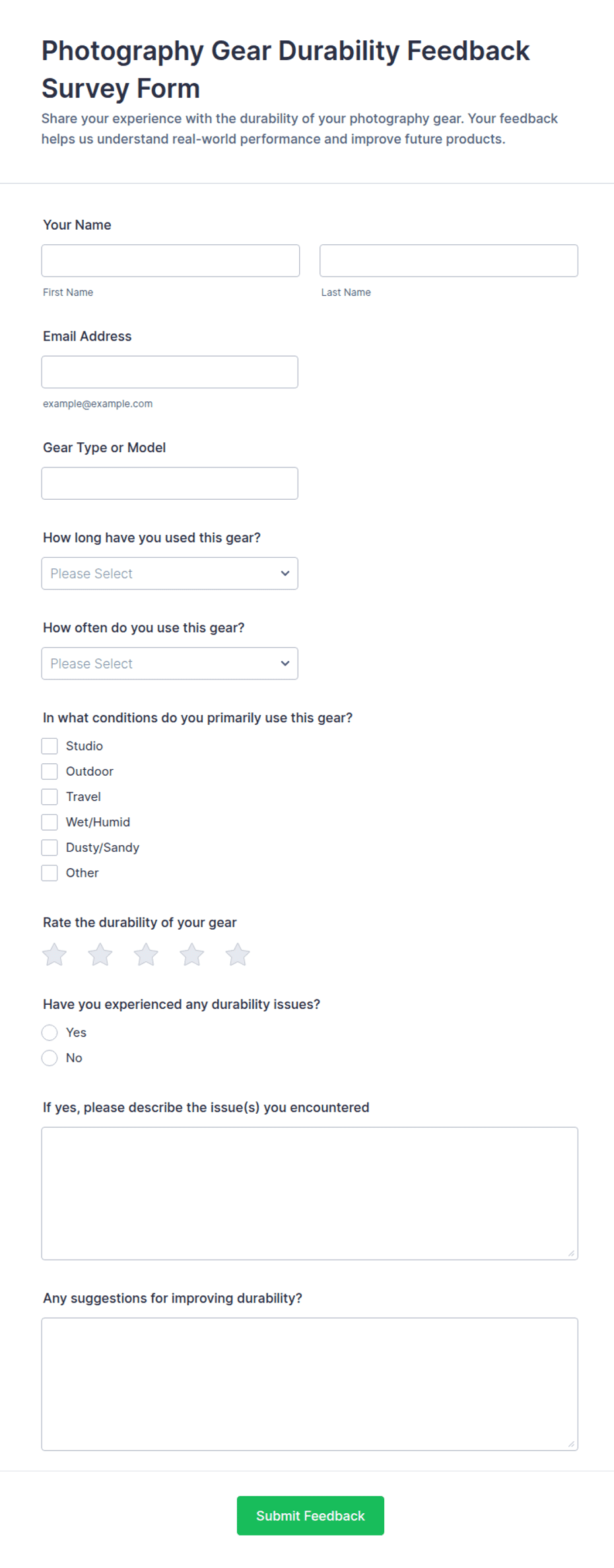 Photography Gear Durability Feedback Survey Form Template | Jotform