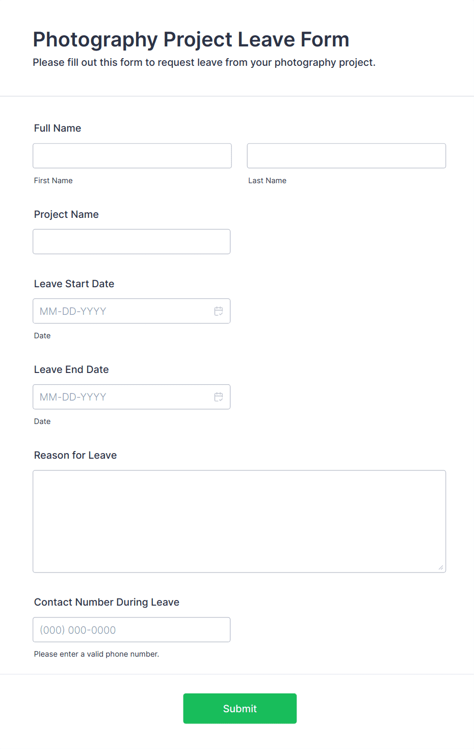 Photography Project Leave Form Template | Jotform
