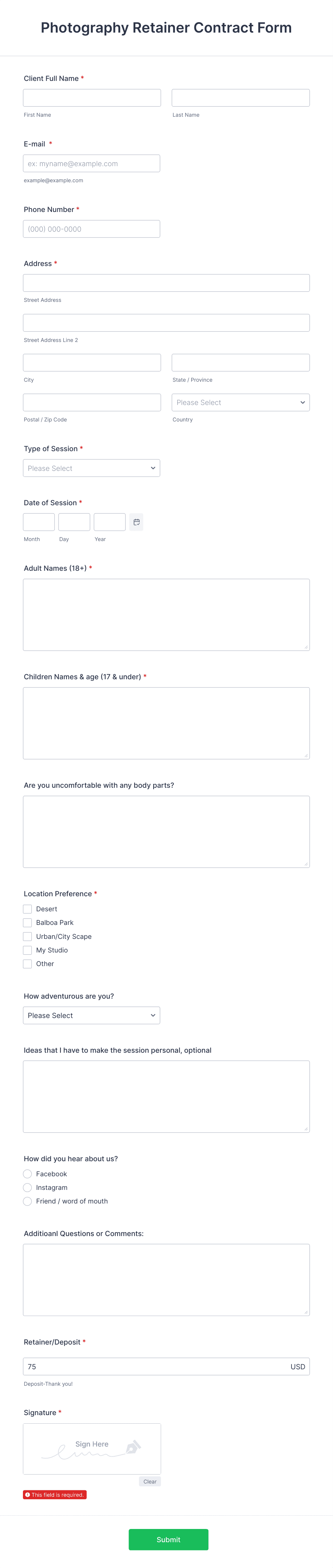 Photography Retainer Contract Form Template | Jotform