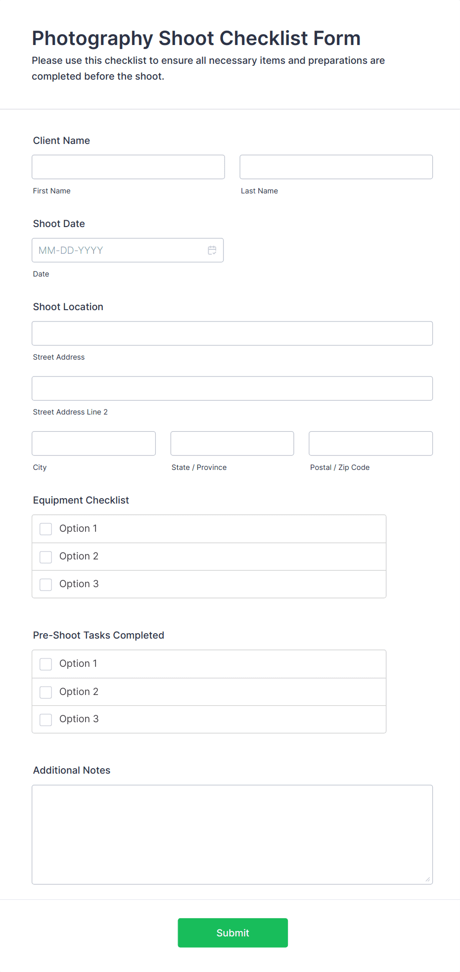 Photography Shoot Checklist Form Template | Jotform