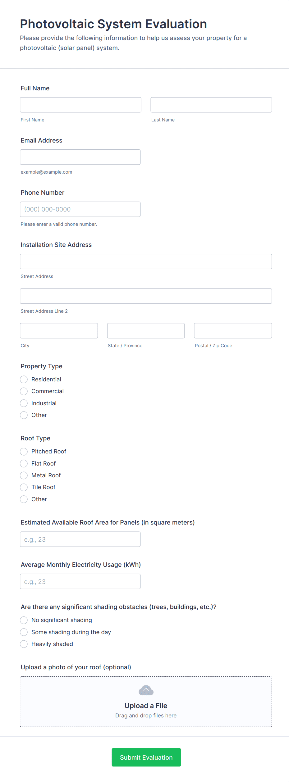 Photovoltaic System Evaluation Form Template | Jotform