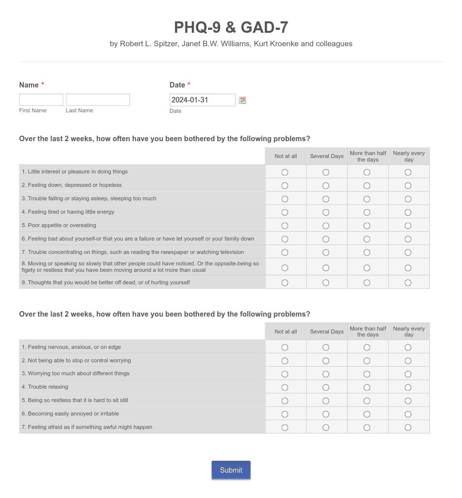PHQ-9 & GAD-7 Form Template | Jotform
