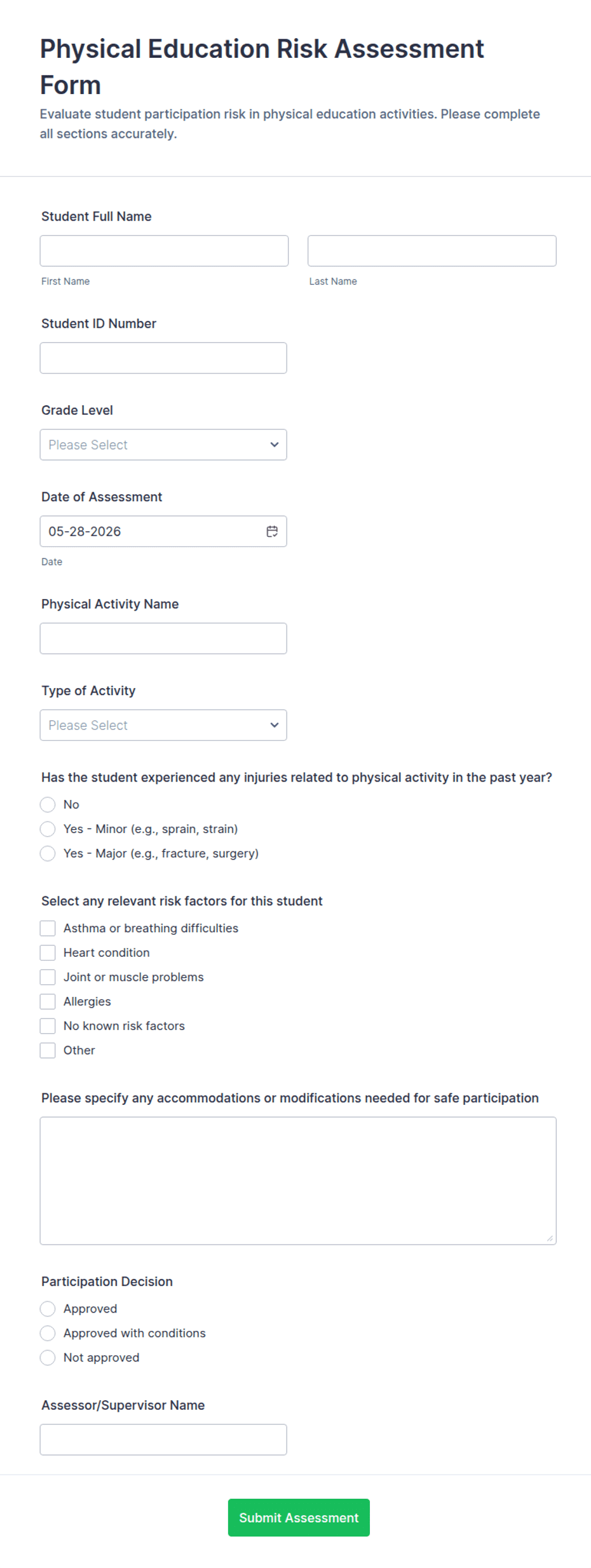 Physical Education Risk Assessment Form Template | Jotform