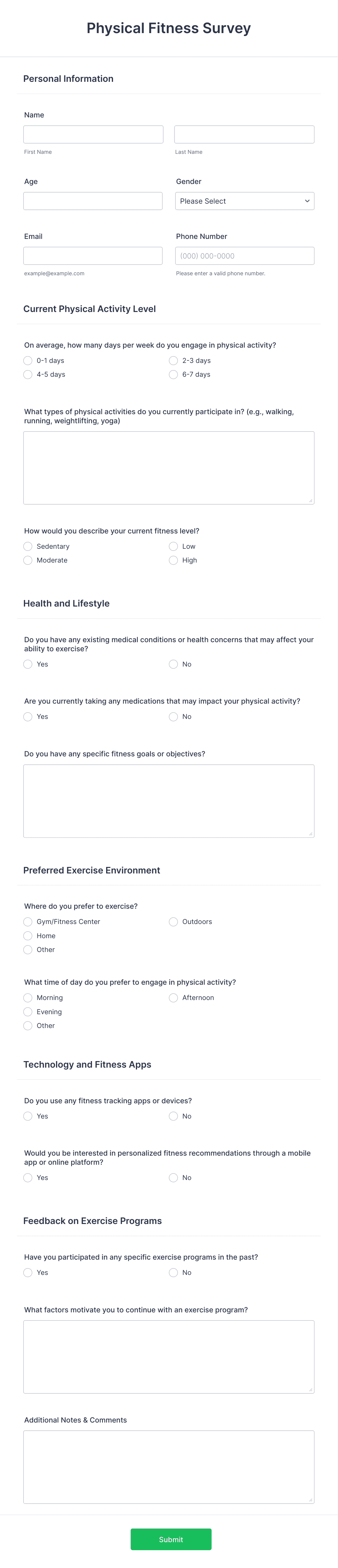 Physical Fitness Survey Form Template | Jotform