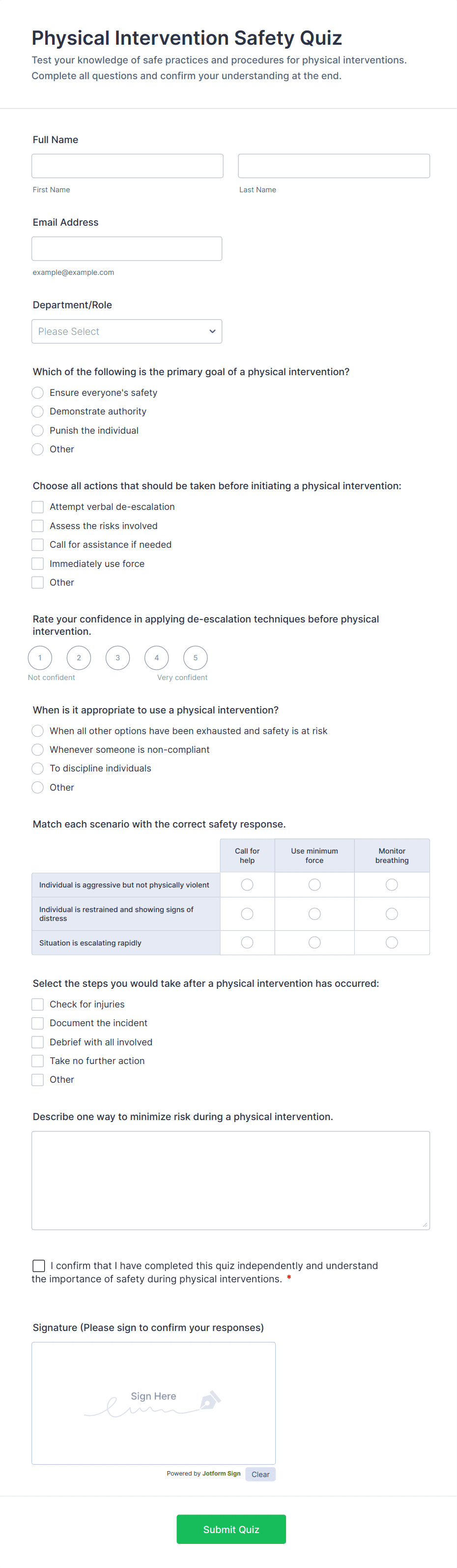 Physical Intervention Safety Quiz Form Template | Jotform