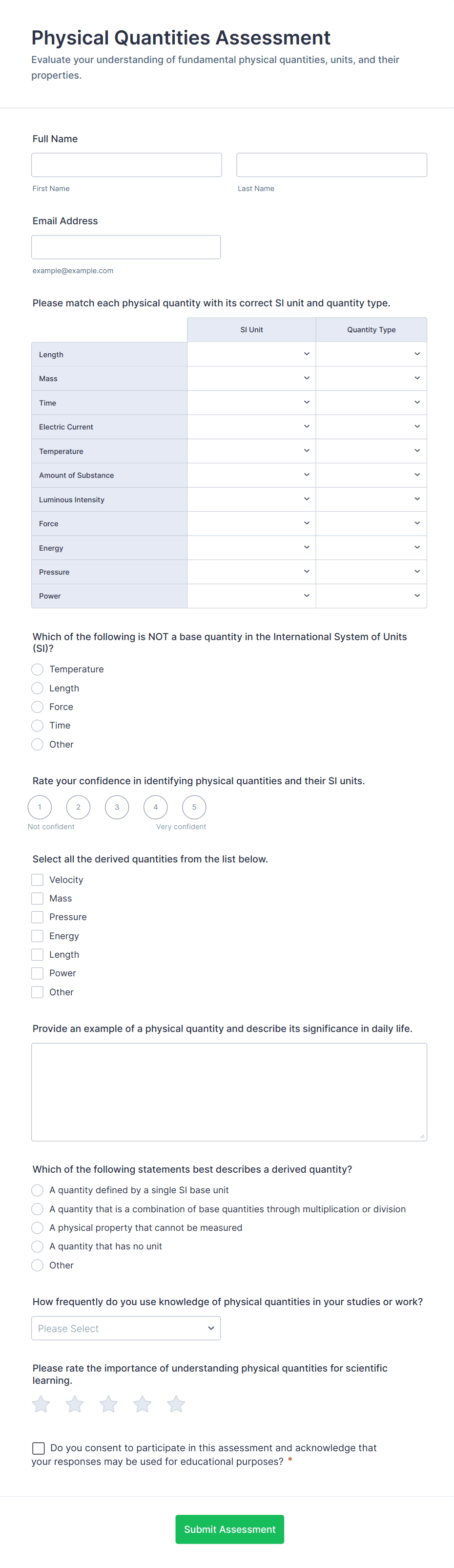 Physical Quantities Assessment Form Template | Jotform