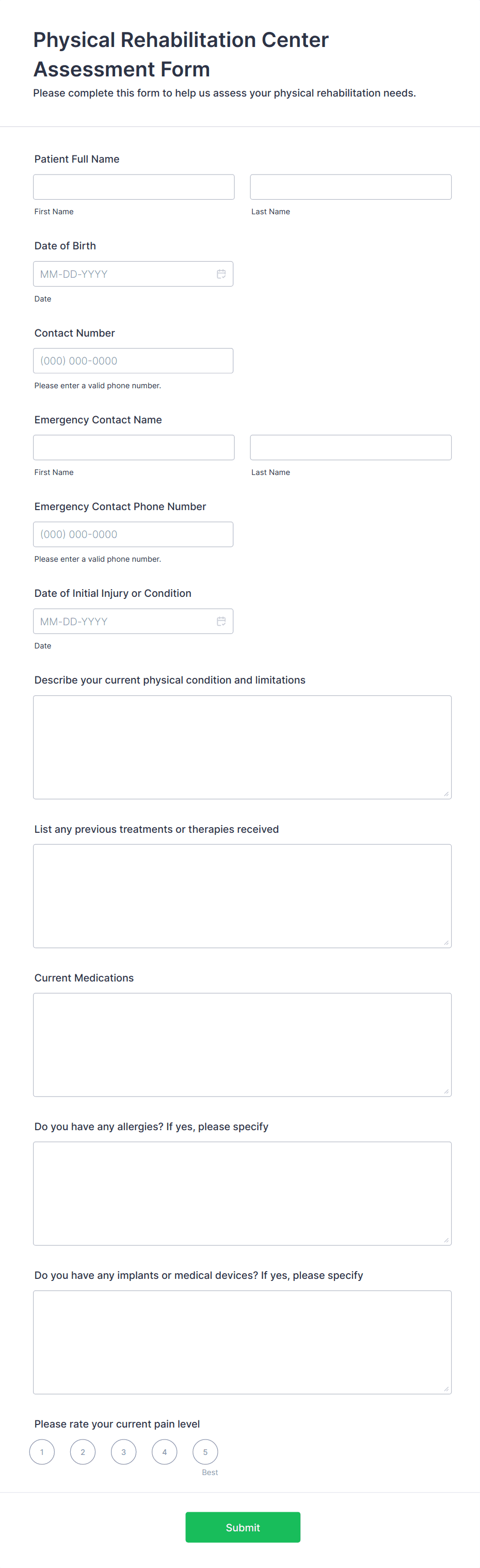 Physical Rehabilitation Center Assessment Form Template | Jotform