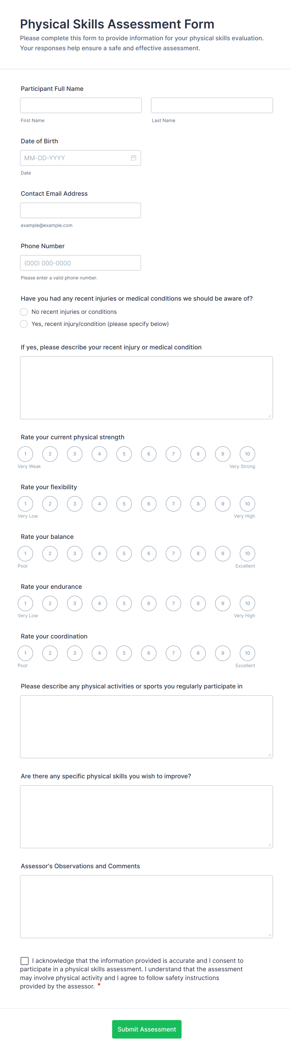 Physical Skills Assessment Form Template | Jotform