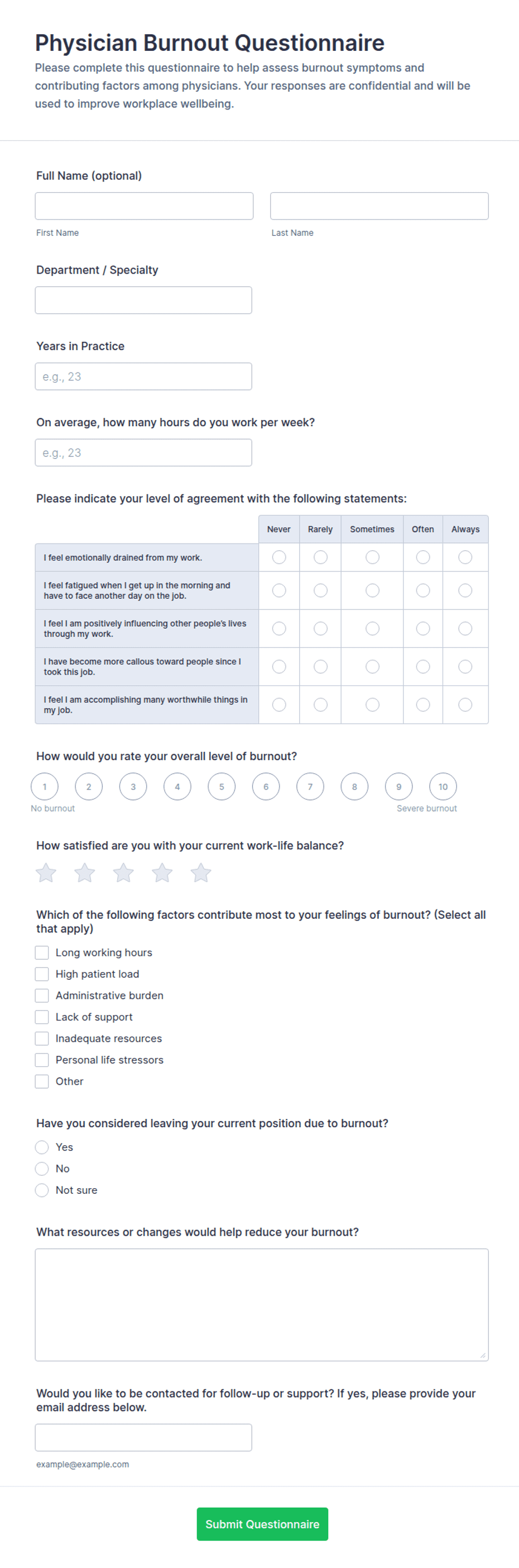 Physician Burnout Questionnaire Form Template | Jotform