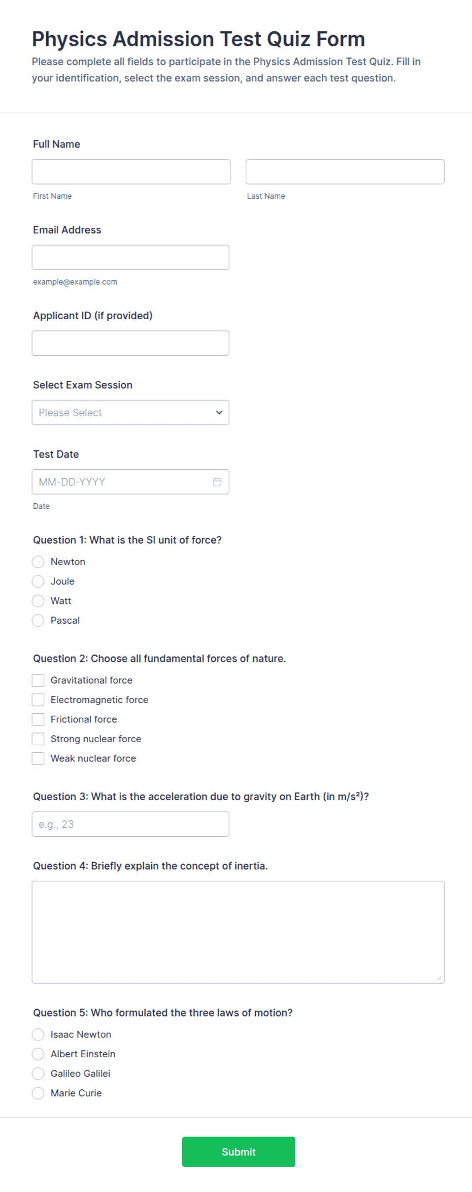 Physics Admission Test Quiz Form Template | Jotform