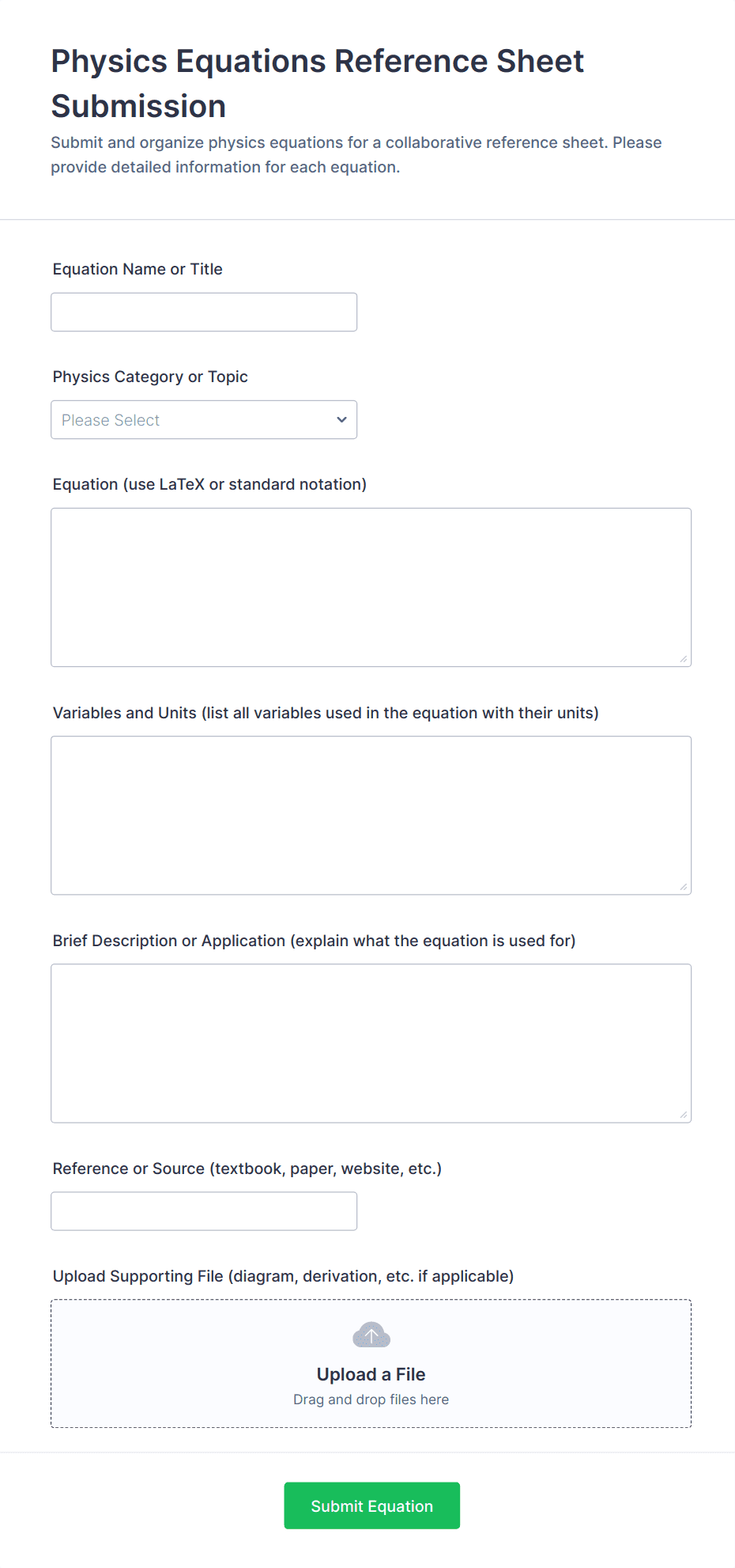 Physics Equations Reference Sheet Submission Form Template | Jotform