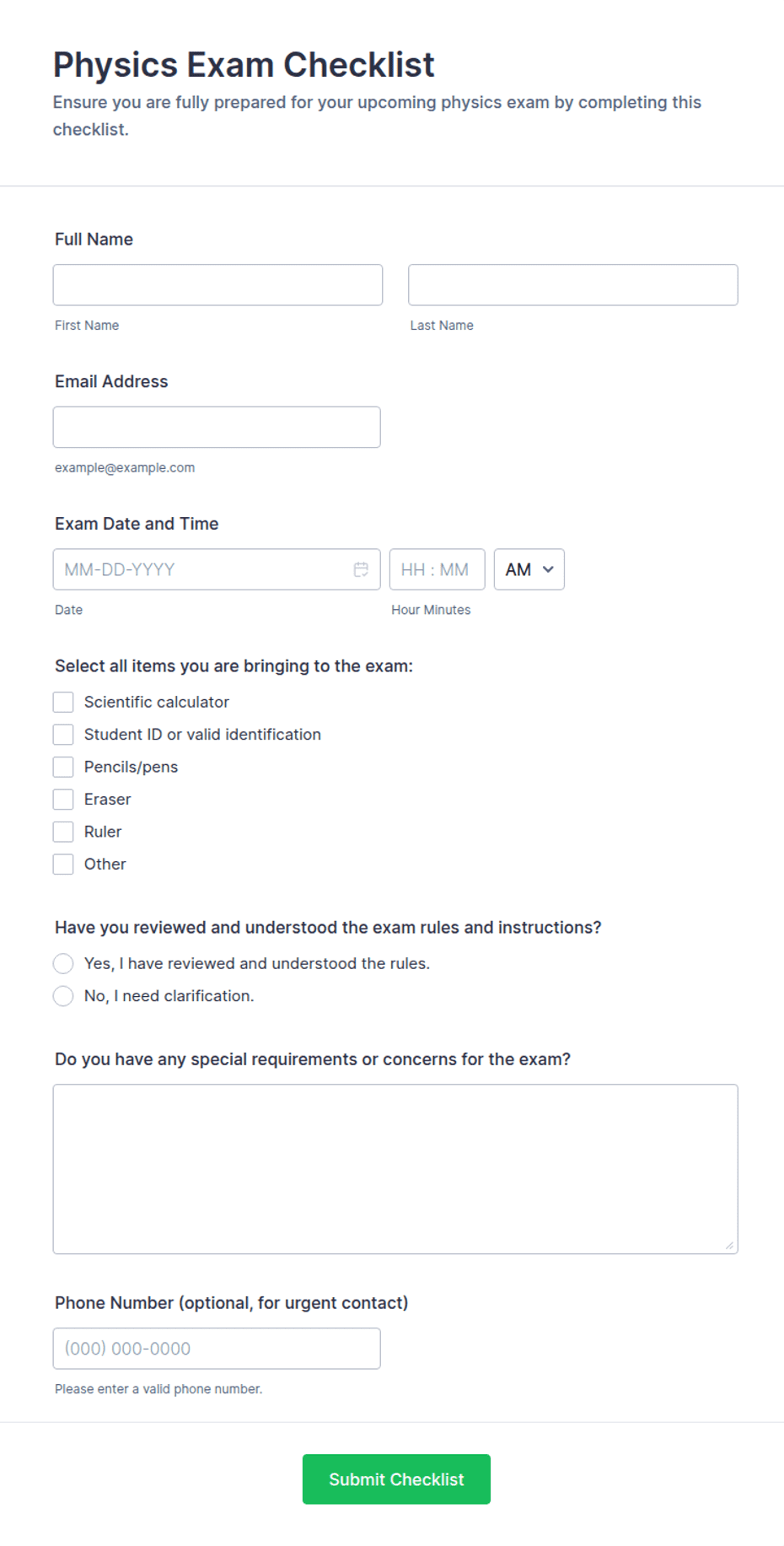 Physics Exam Checklist Form Template | Jotform
