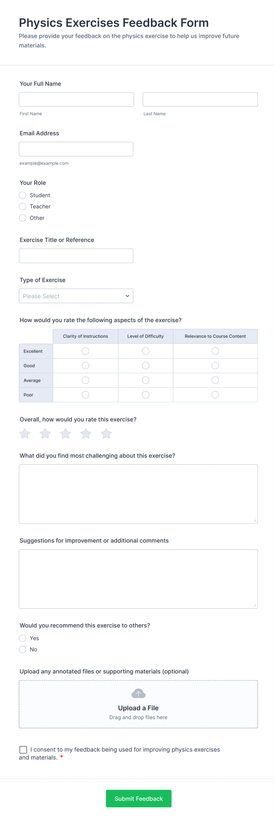 Physics Exercises Feedback Form Template | Jotform