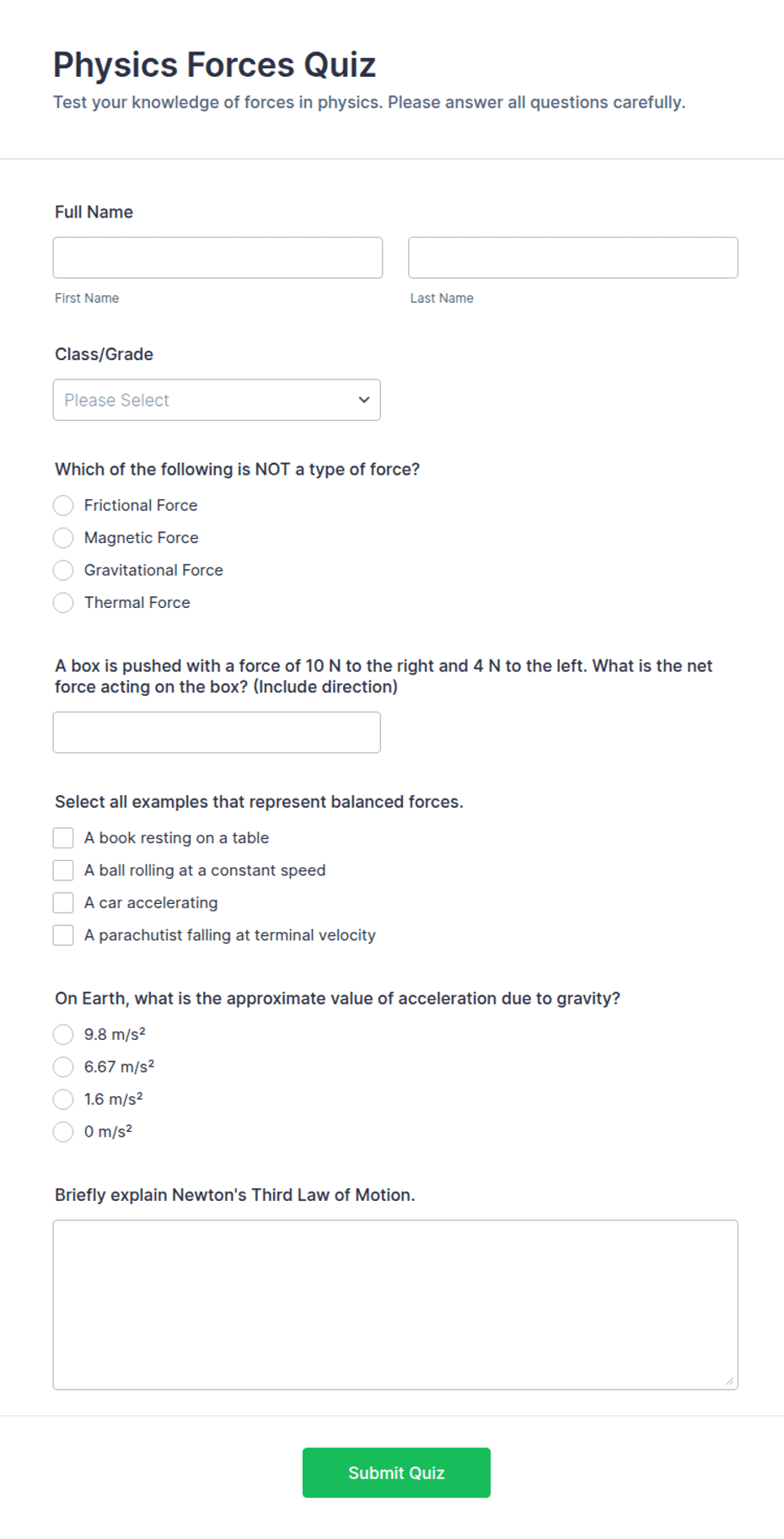 Physics Forces Quiz Form Template | Jotform