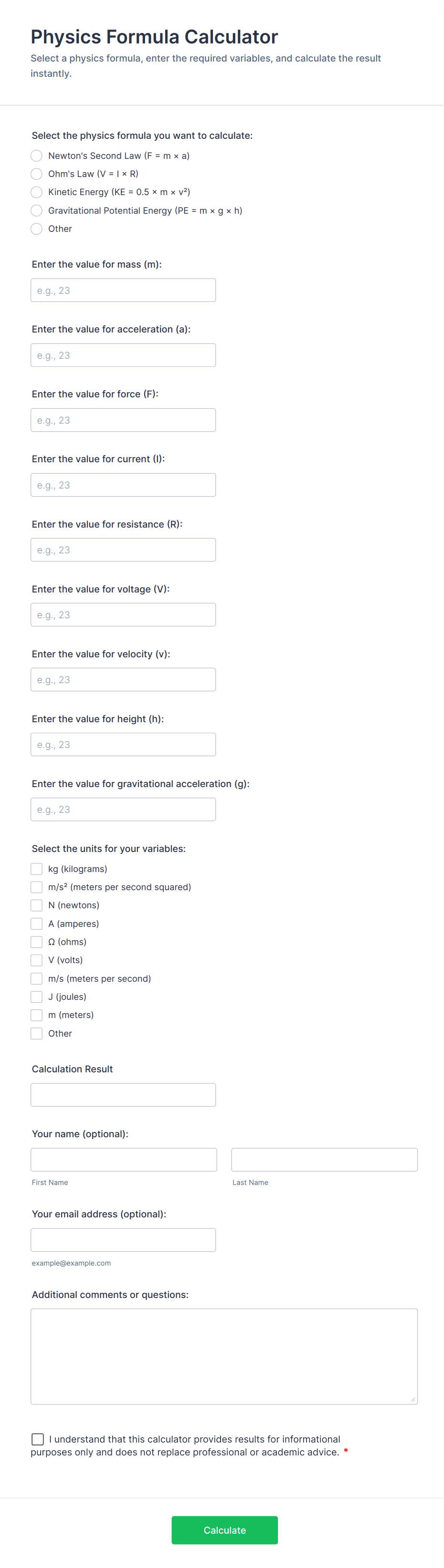 Physics Formula Calculator Form Template | Jotform