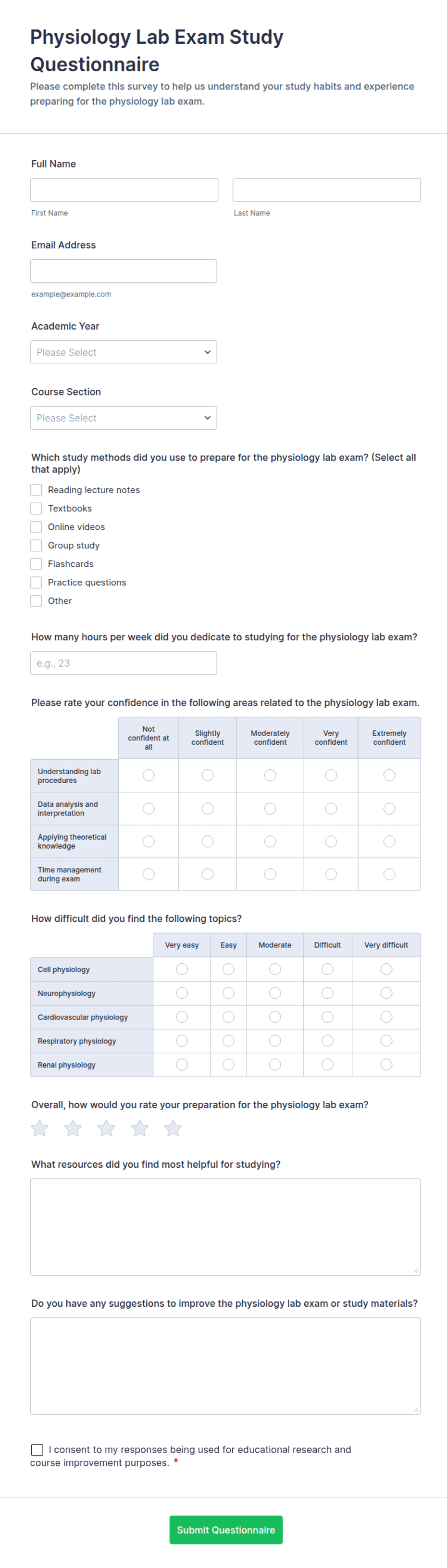 Physiology Lab Exam Study Questionnaire Form Template | Jotform