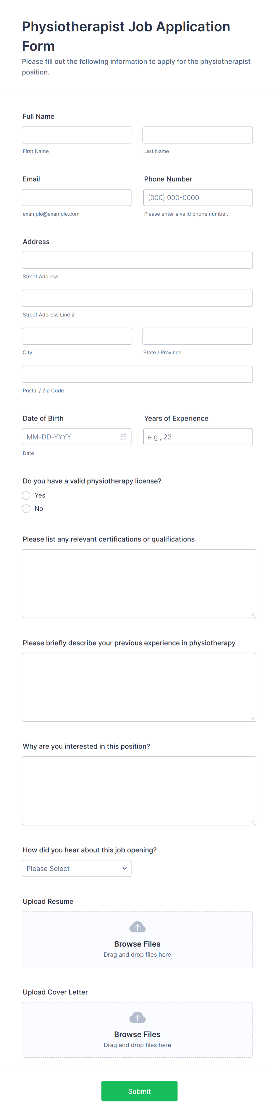Physiotherapist Job Application Form Template | Jotform