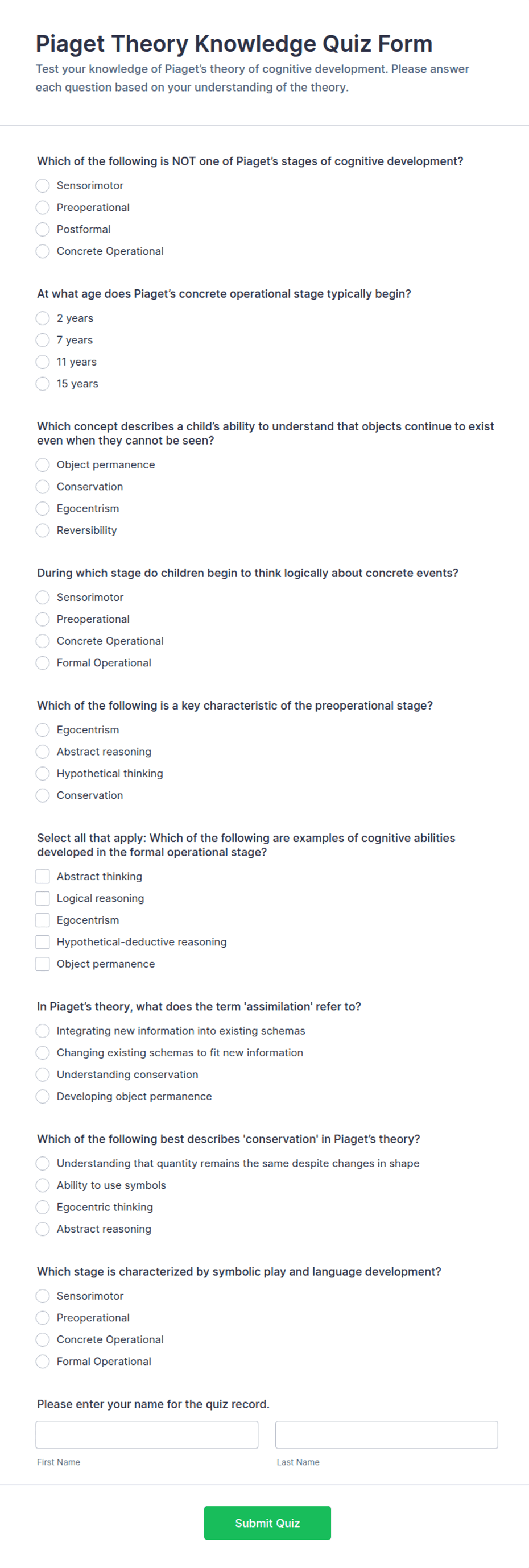 Piaget Theory Knowledge Quiz Form Template | Jotform