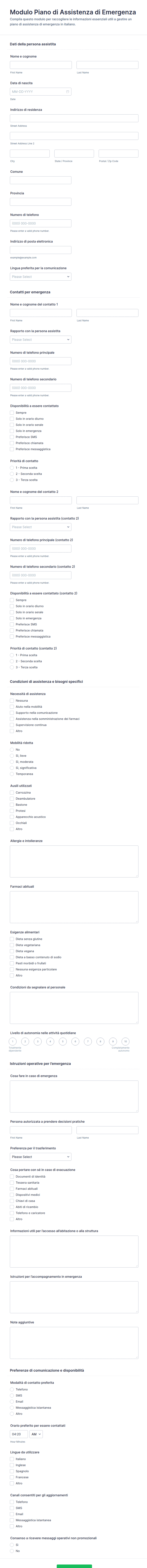 Piano di Assistenza di Emergenza Modulo | Jotform