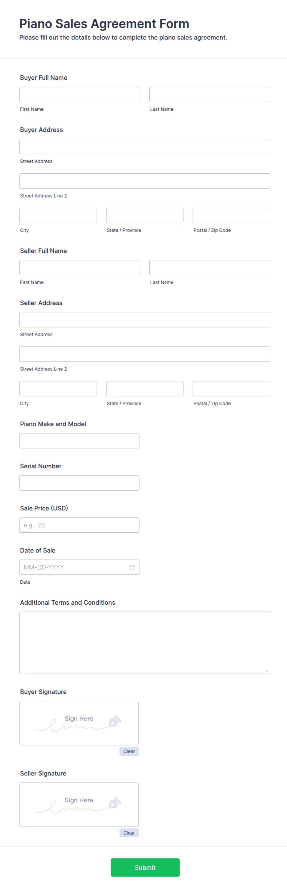 Piano Sales Agreement Form Template | Jotform