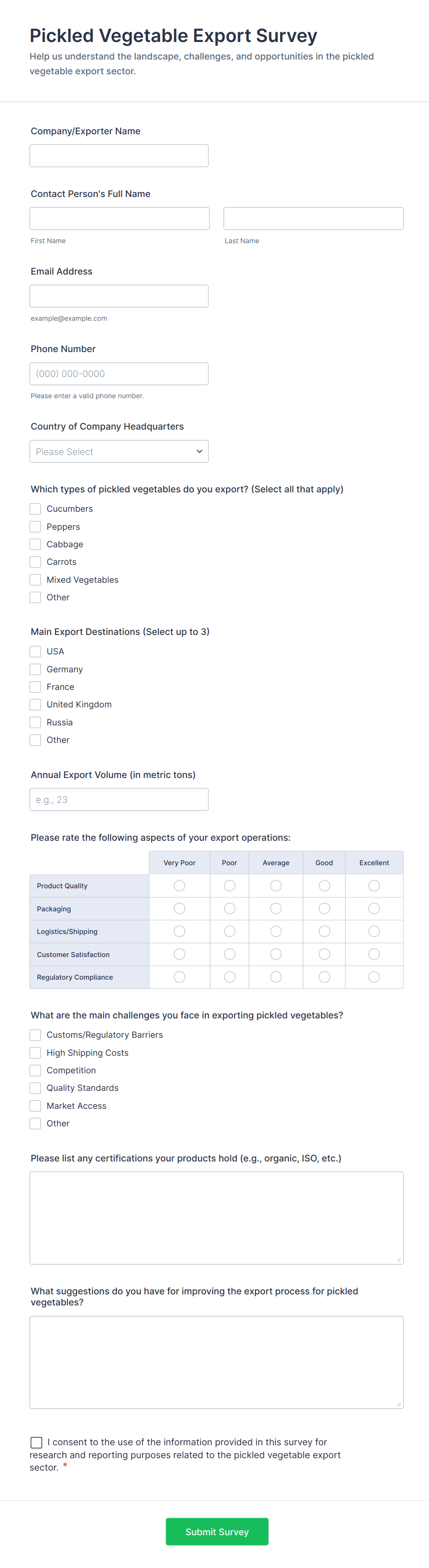 Pickled Vegetable Export Survey Form Template | Jotform