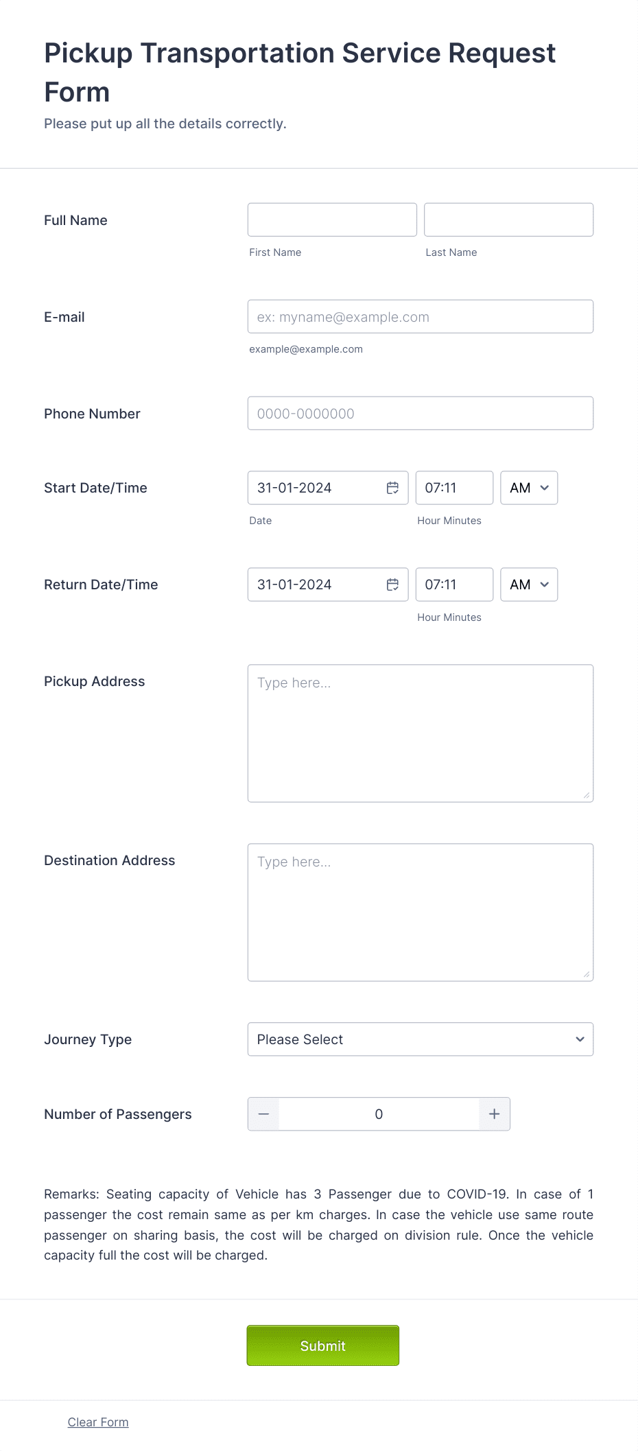Pickup Transportation Service Request Form Template | Jotform