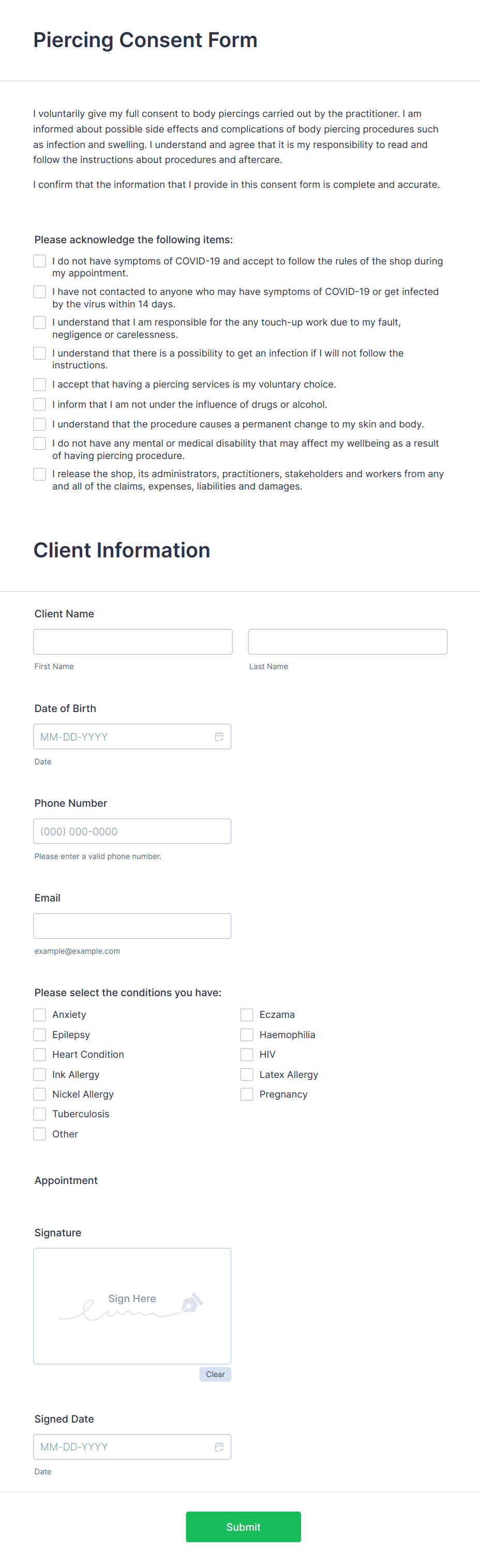 Piercing Consent Form Template | Jotform