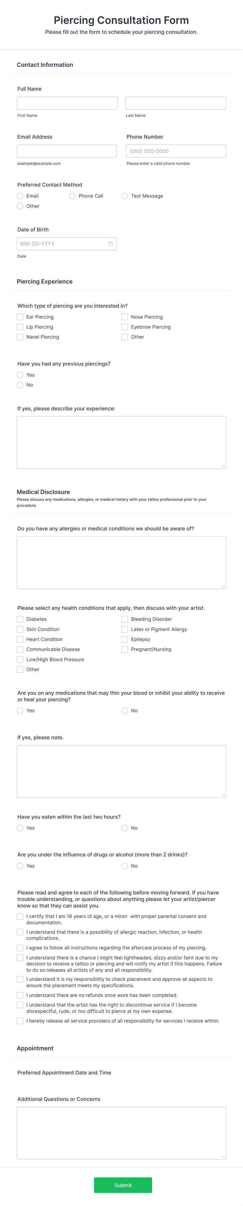 Piercing Consultation Form Template | Jotform