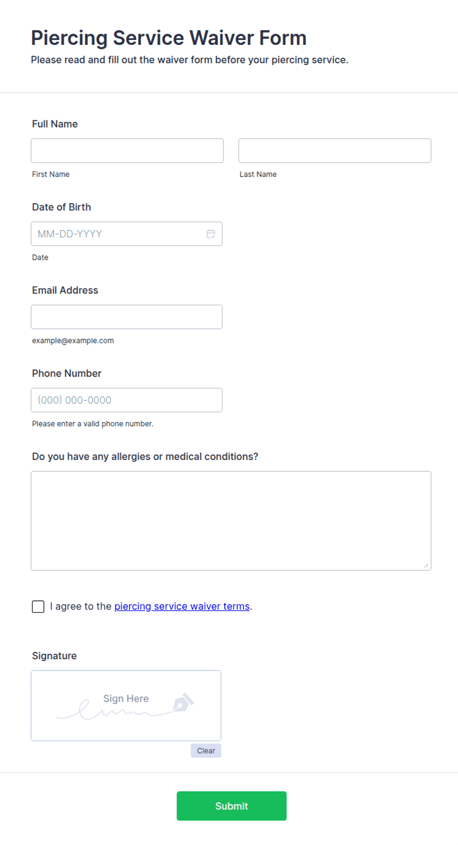 Piercing Service Waiver Form Template | Jotform
