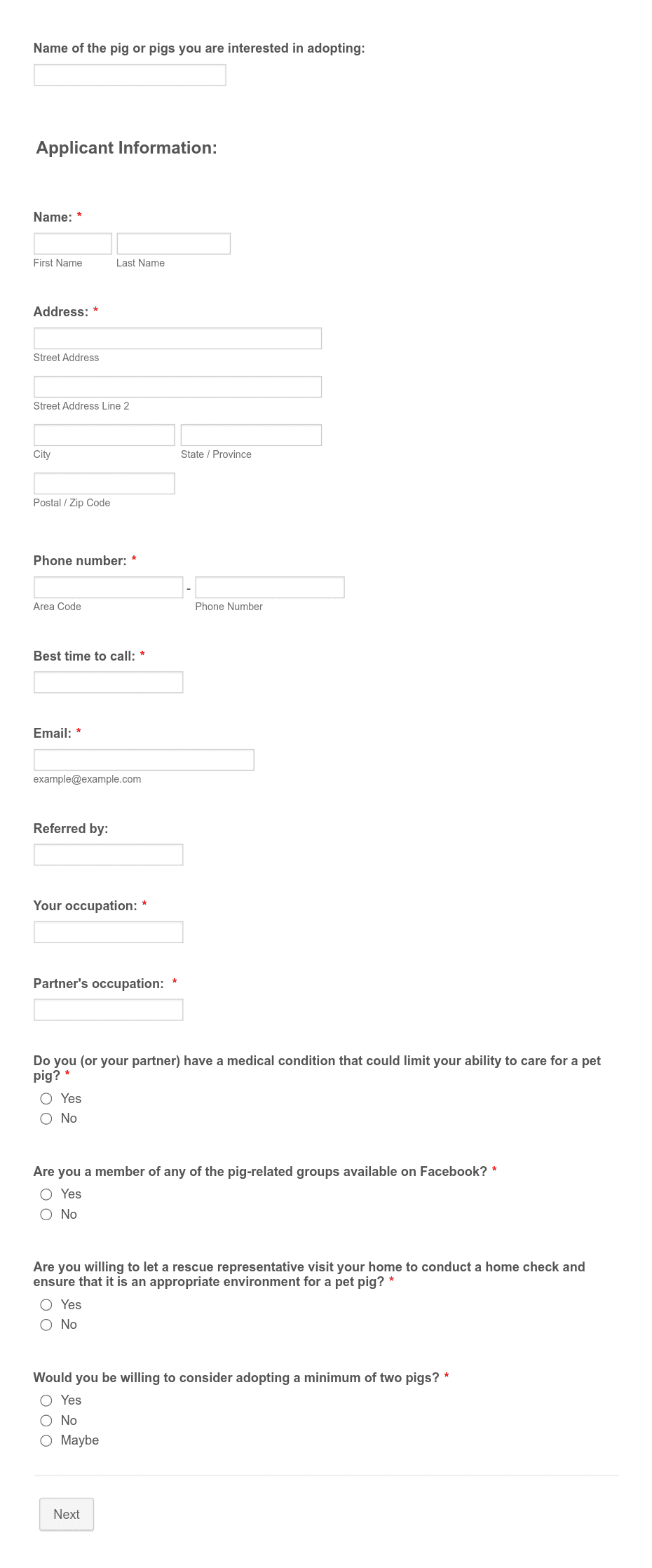 Pig Adoption Application Form Template | Jotform