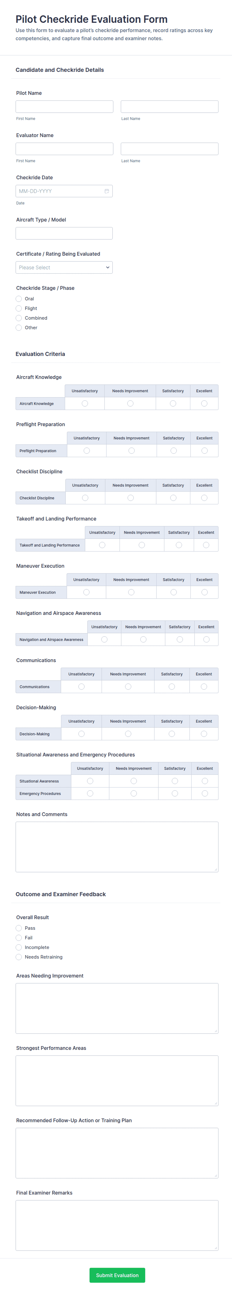 Pilot Checkride Evaluation Form Template | Jotform