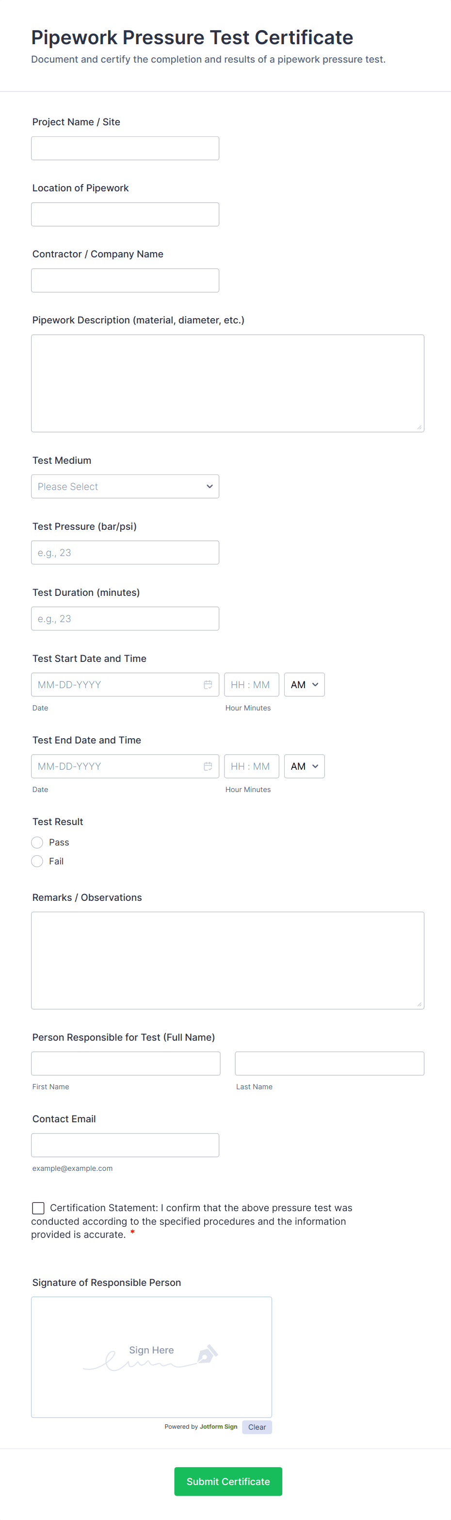 Pipework Pressure Test Certificate Form Template | Jotform
