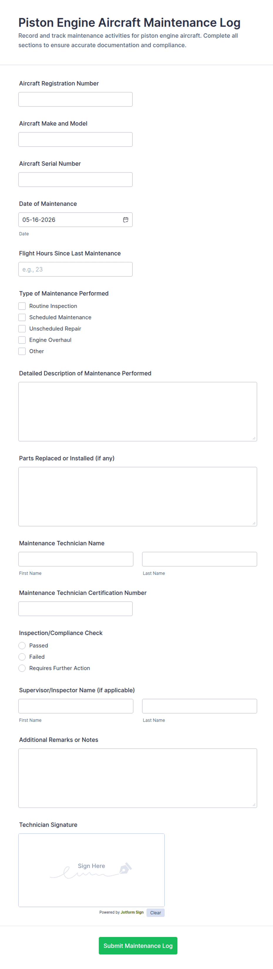 Piston Engine Aircraft Maintenance Log Form Template | Jotform