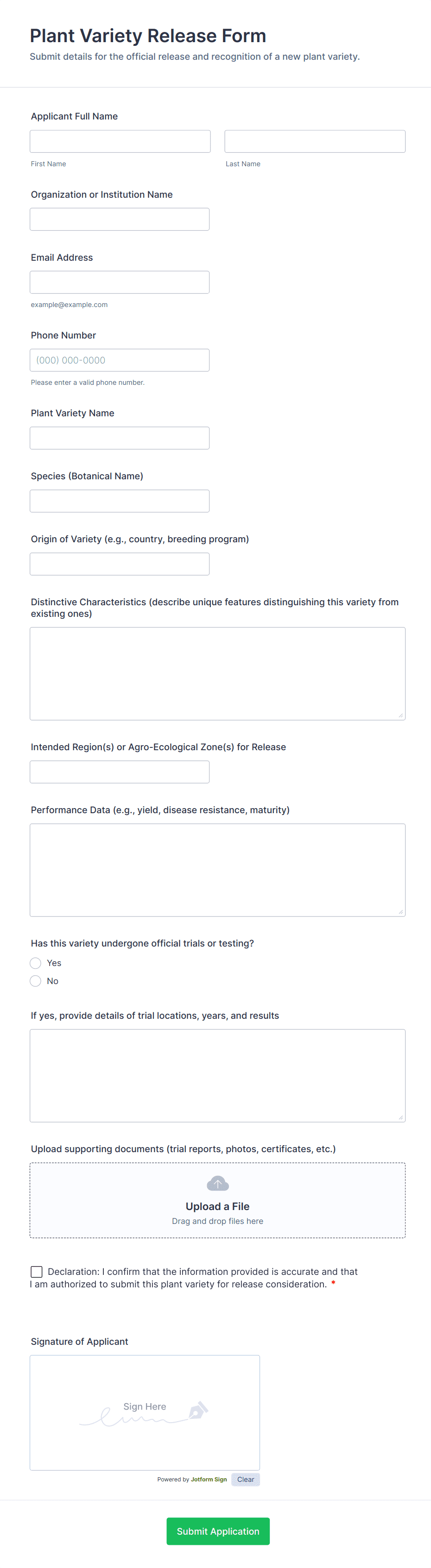 Plant Variety Release Form Form Template | Jotform