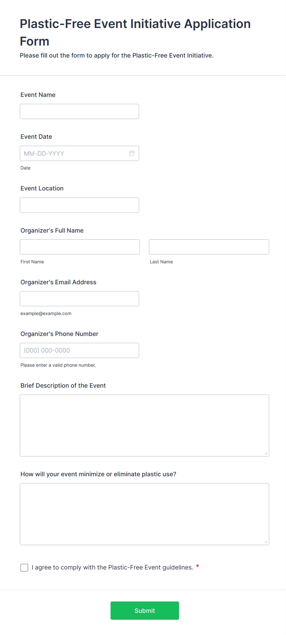 Plastic-Free Event Initiative Application Form Template | Jotform
