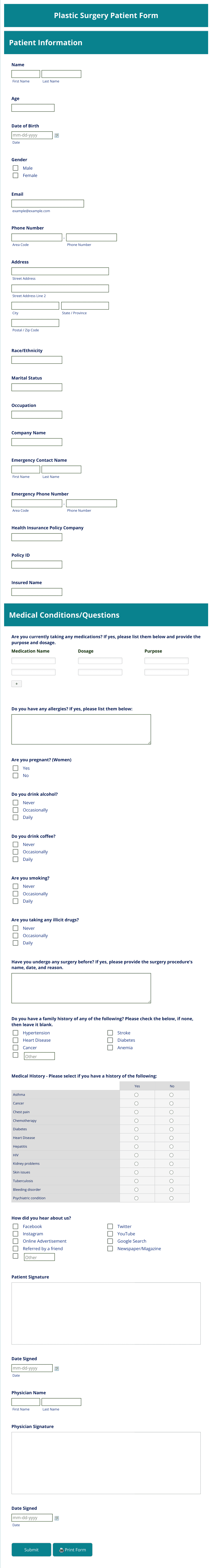 Plastic Surgery Patient Form Template | Jotform