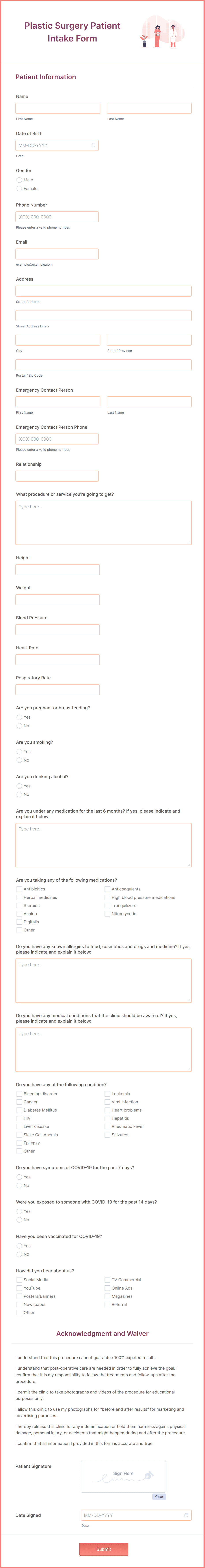 Plastic Surgery Patient Intake Form Template | Jotform