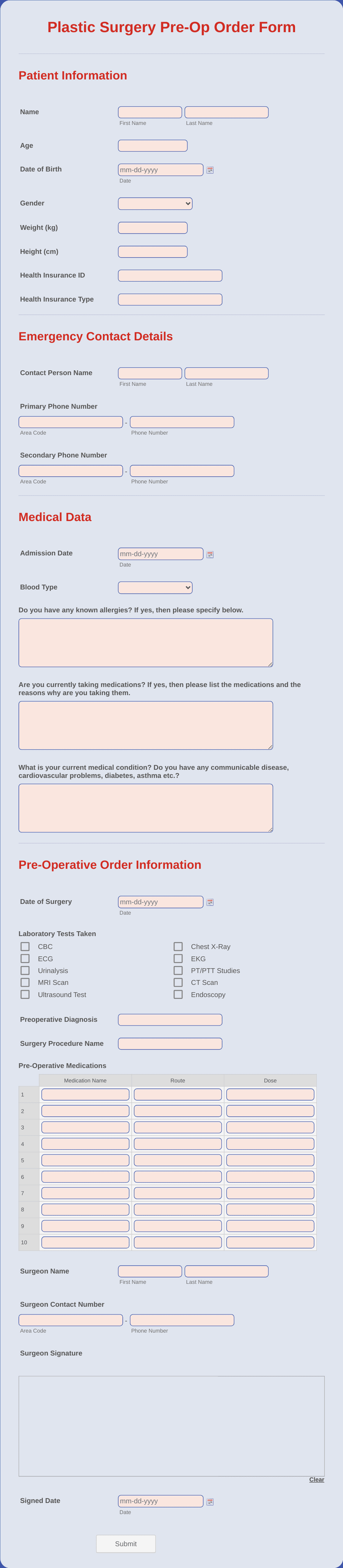 Plastic Surgery Pre-Op Order Form Template | Jotform